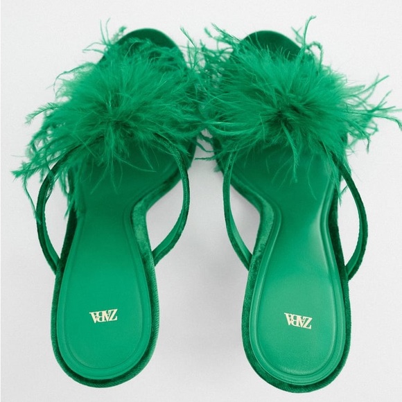 Zara | Shoes | Zara Green Feathered Velvet Heeled Sandals | Poshmark